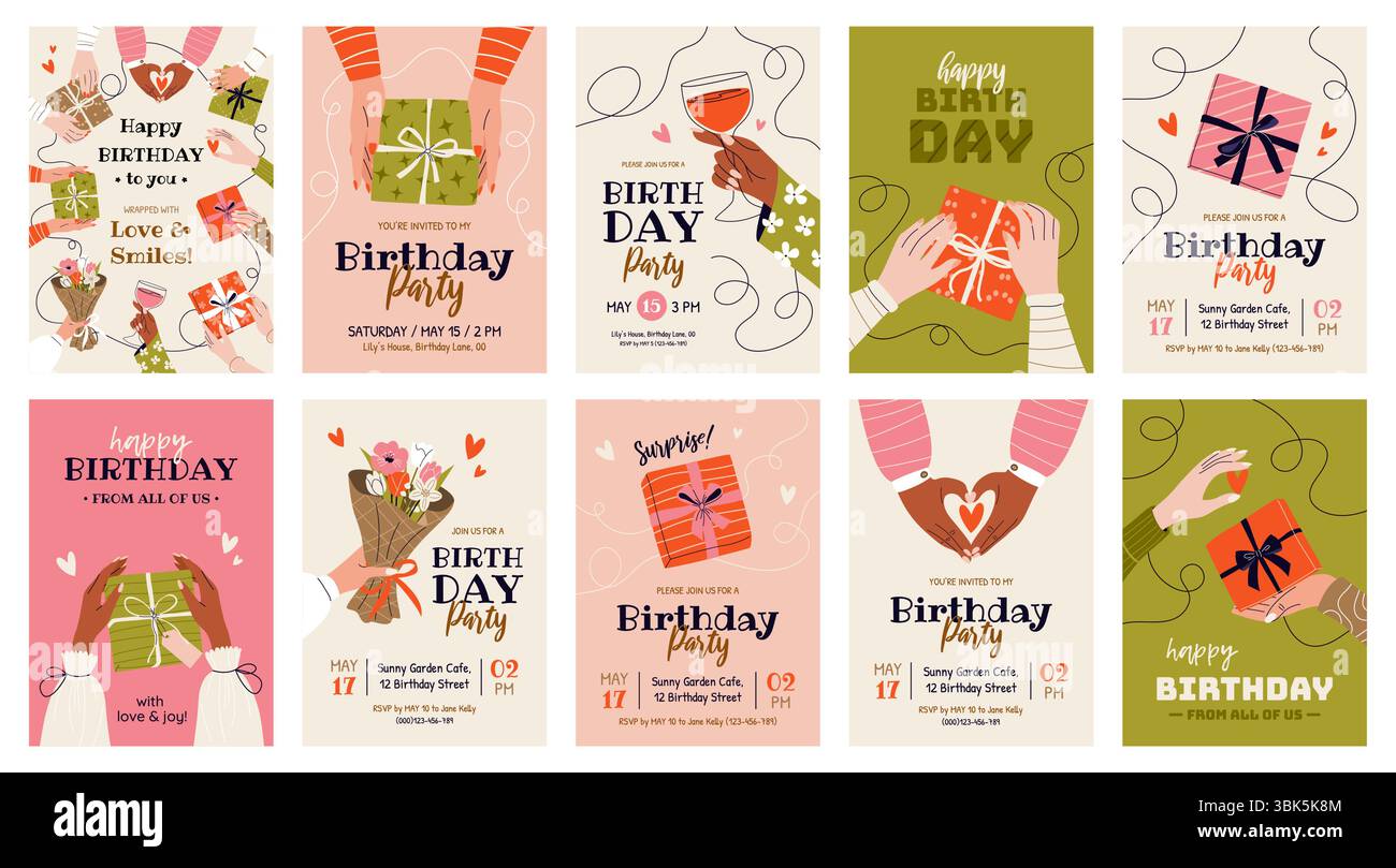 Set of 10 vertical birthday greeting cards. Vector Stock Vector Image ...