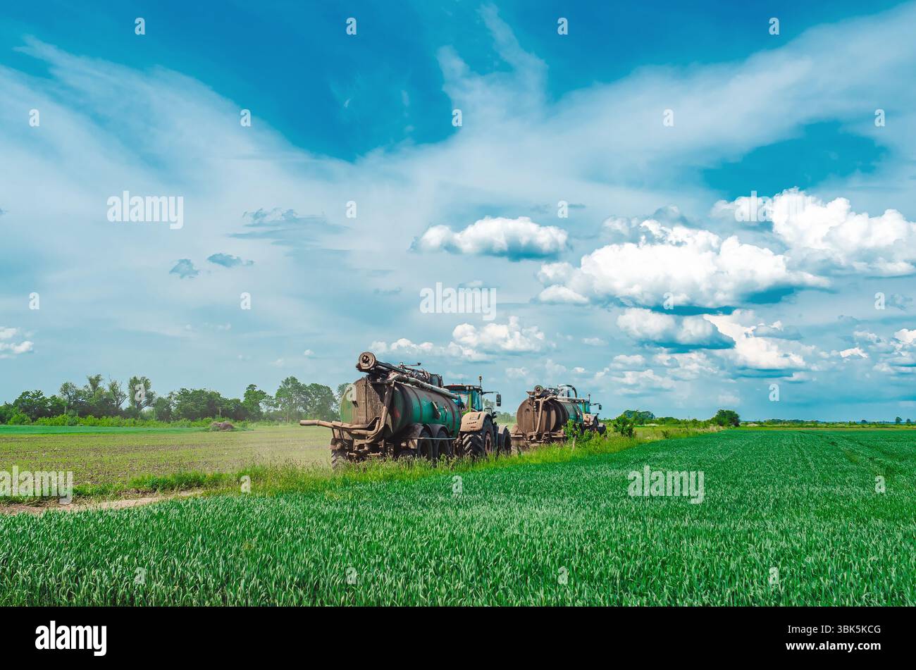 Liquid manure spreader, tractor with tank spraying liquid manure into ...