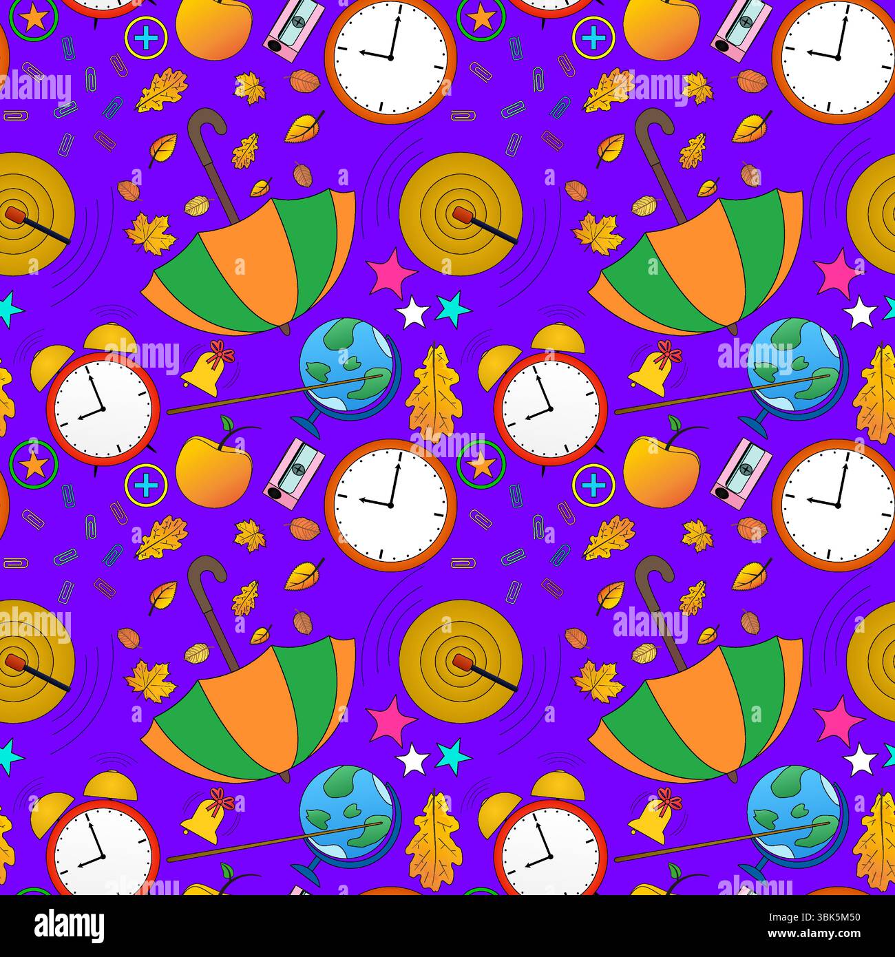 Seamless pattern with autumn elements, alarm and wall clocks, globes ...