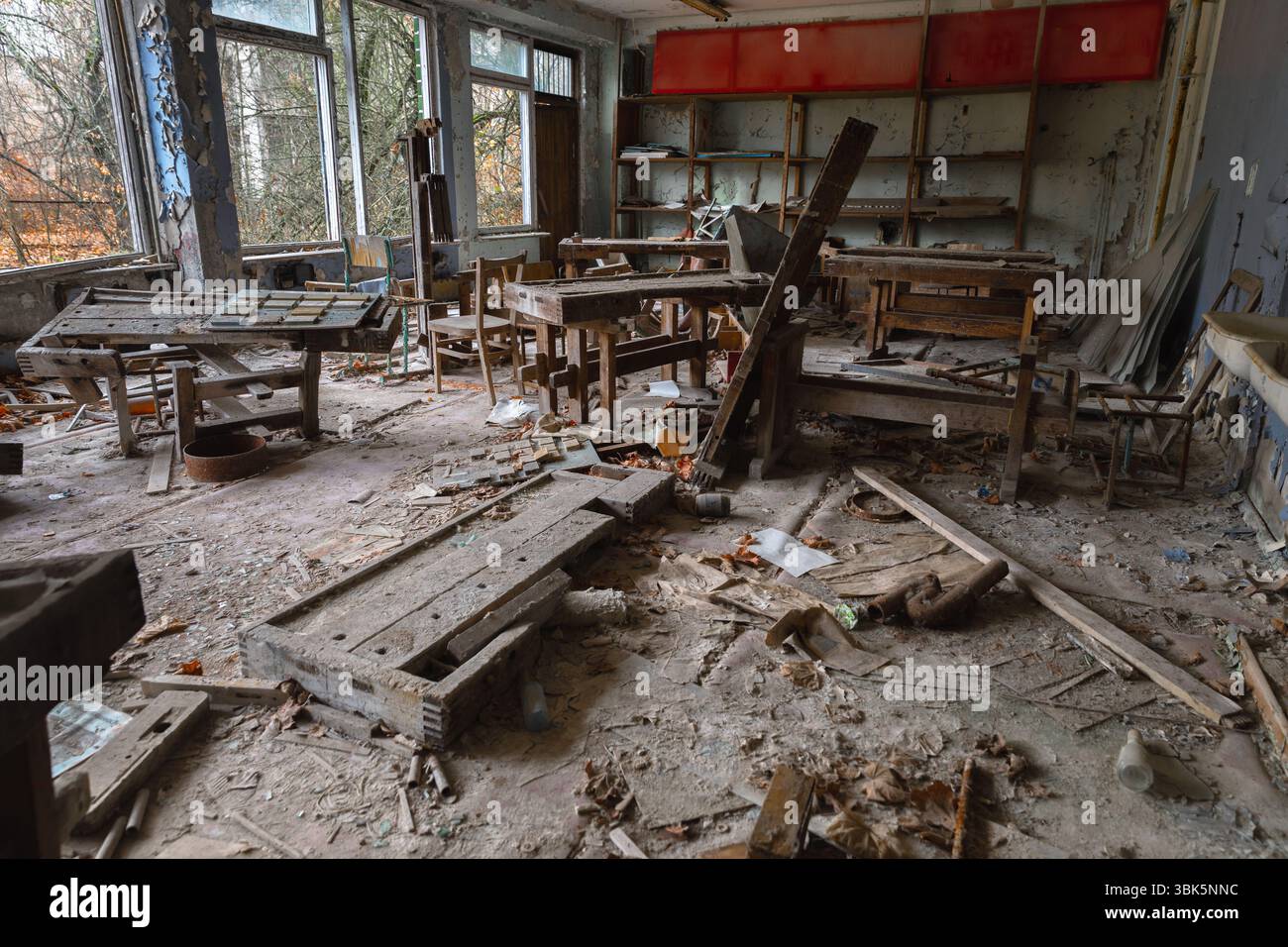 Abandoned Classroom in damaged building interior angle shot Stock Photo ...