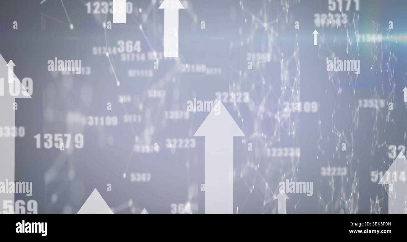 Displaying ascending white arrow rising at data interface with floating ...