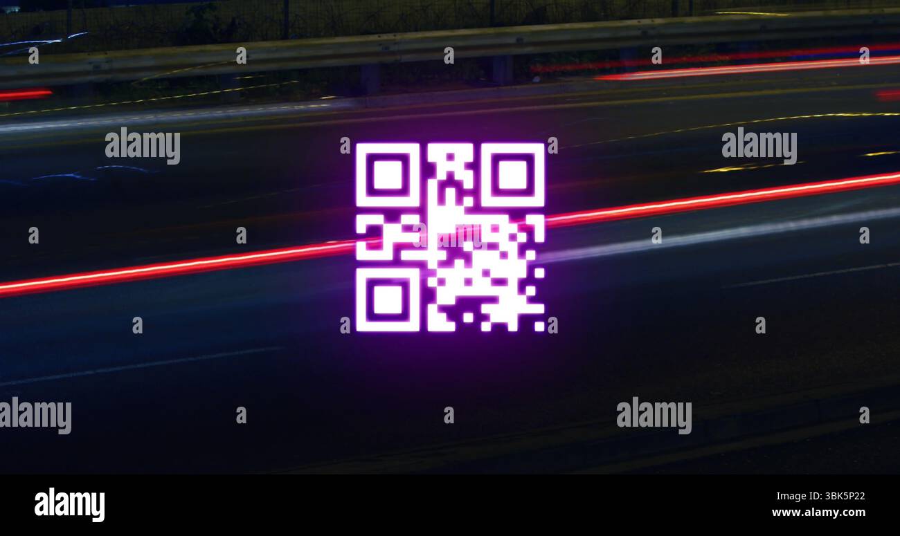 Hovering QR code shining above highway lanes at night, with blurred ...