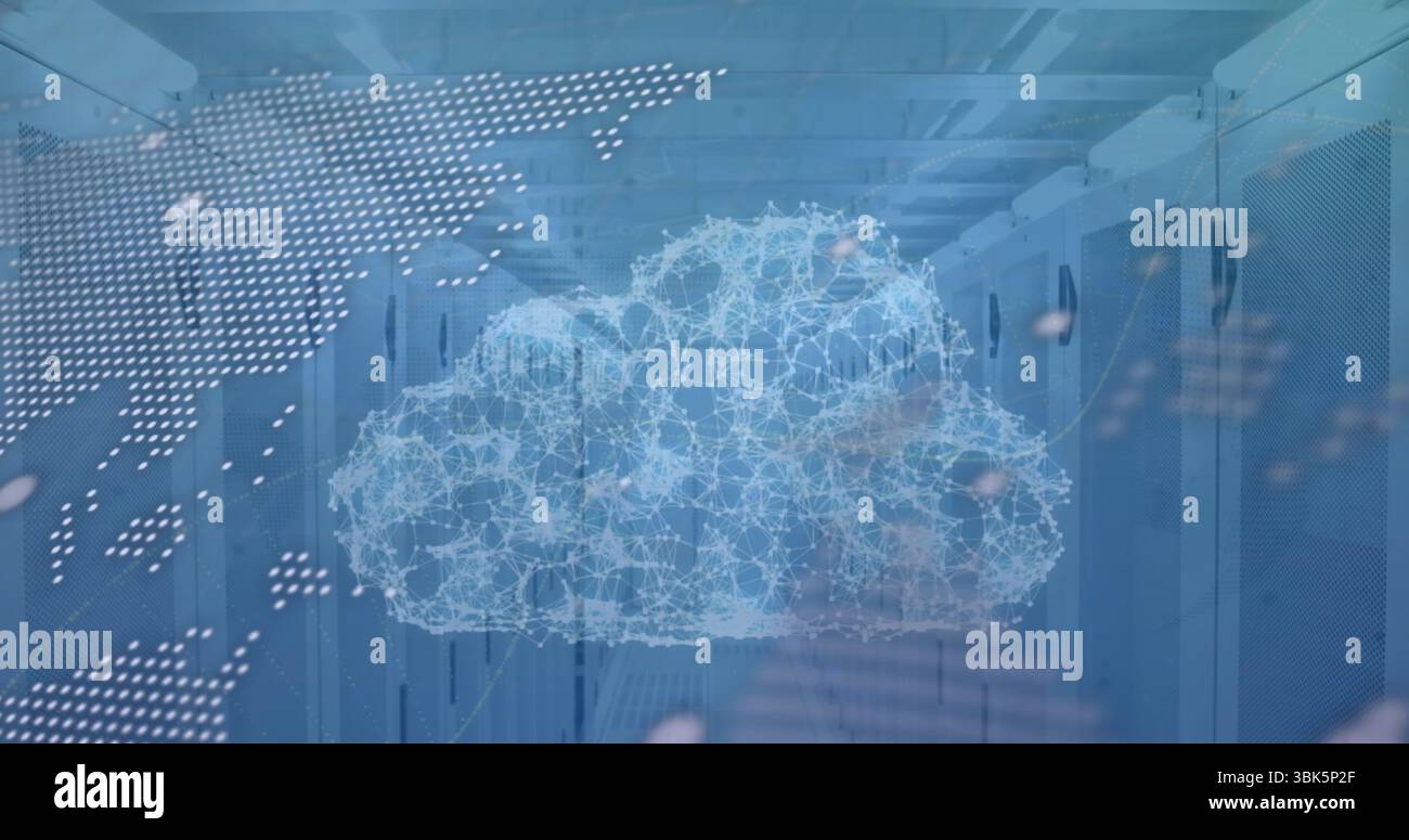 Hovering network cloud graphic glowing in server corridor, with dotted ...