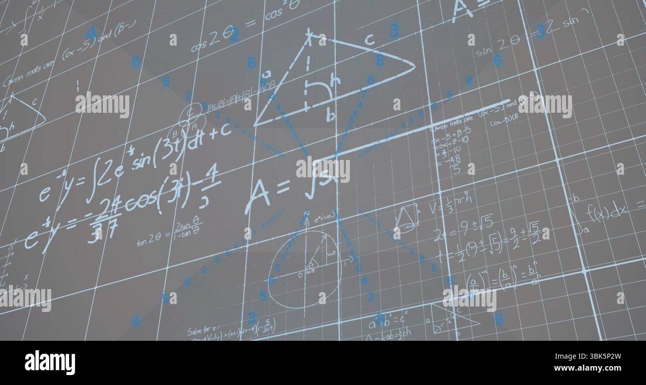 Displaying digital grid on grey plane, showing white and blue formulas ...