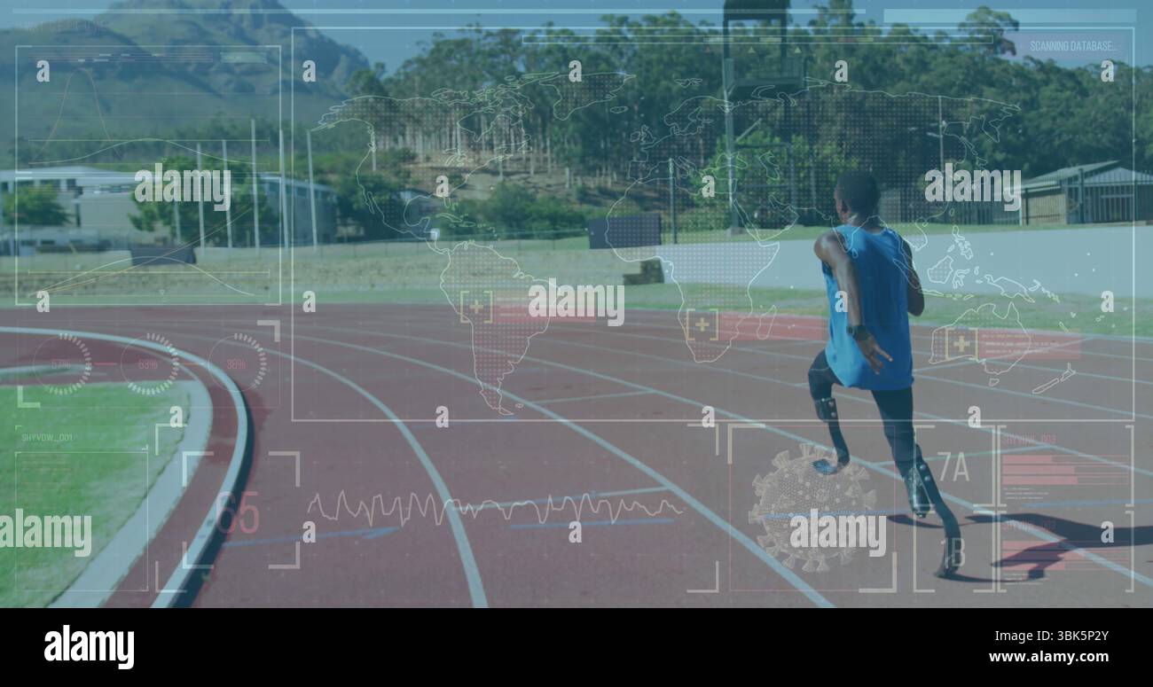 Speeding teen sprinter wearing prosthetic blades rounding red track ...