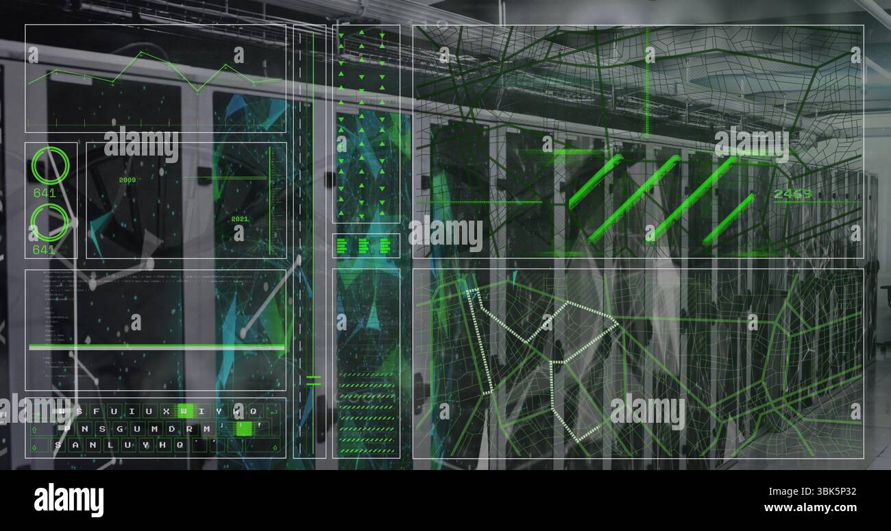 Displaying semi-transparent interface overlaying data center aisle, showing server racks and ...
