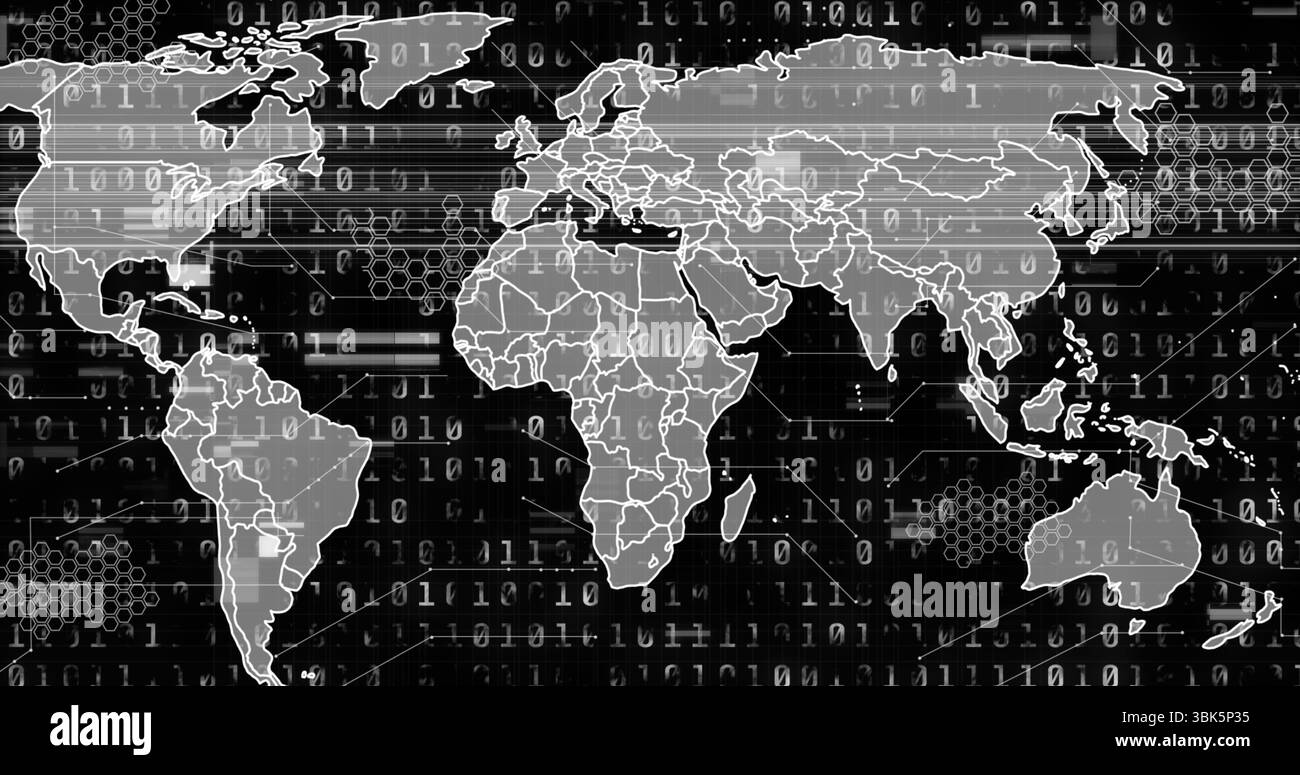 Displaying outlined world map in cyberspace, with binary streams ...