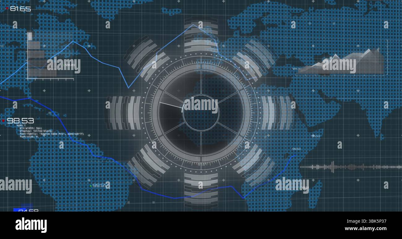 Central circular HUD rotating in digital interface, showing data ...