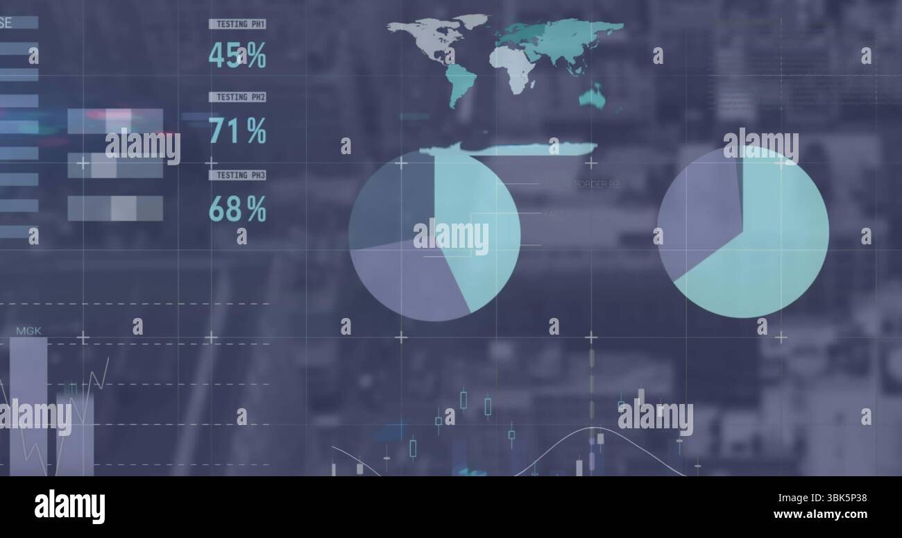 Displaying translucent data dashboard overlay in software interface, with pie charts and world ...