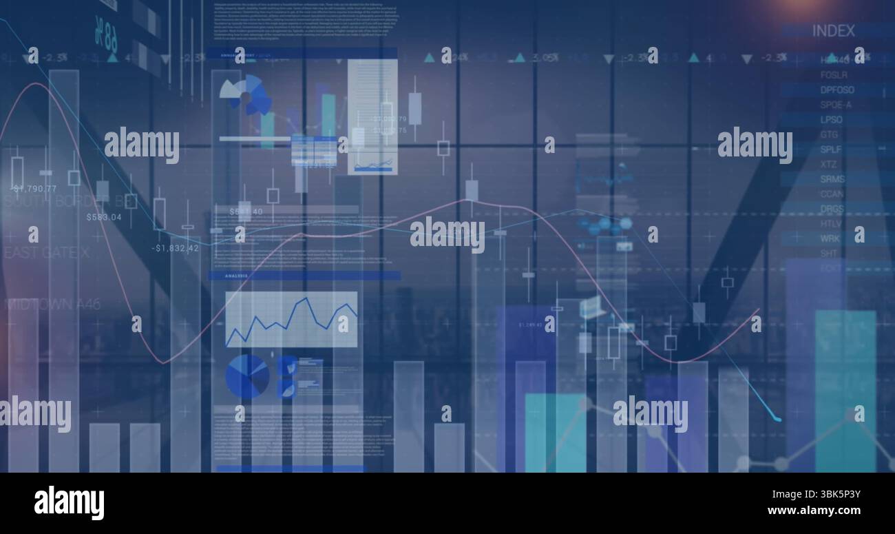 Translucent charts covering grid in boardroom, with candlestick, bar ...