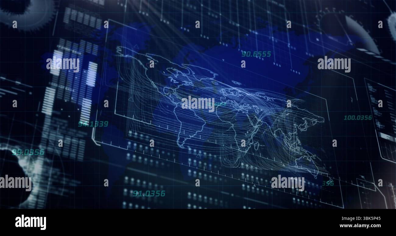 Holographic world map overlay hovering on grid in control room with streaming numeric data ...