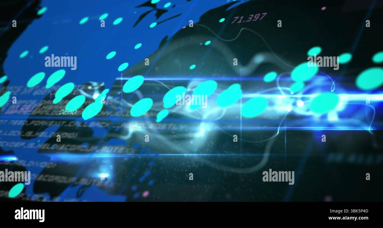 Streaming turquoise nodes along neon wave on screen, with code ...