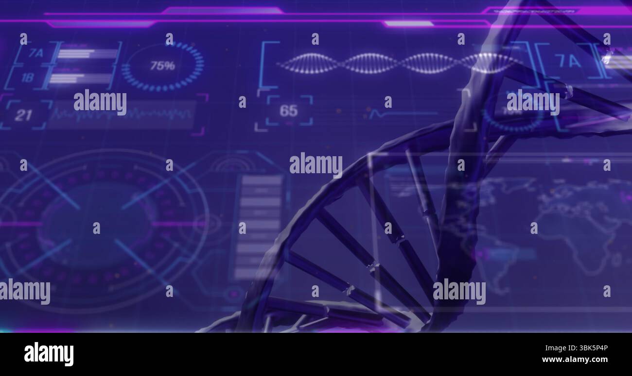 Displaying 3D DNA helix floating over neon HUD charts and world map in lab, copy space ...