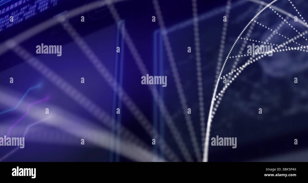 Displaying network interface on virtual display with glowing beams, dotted arcs and code overlay ...