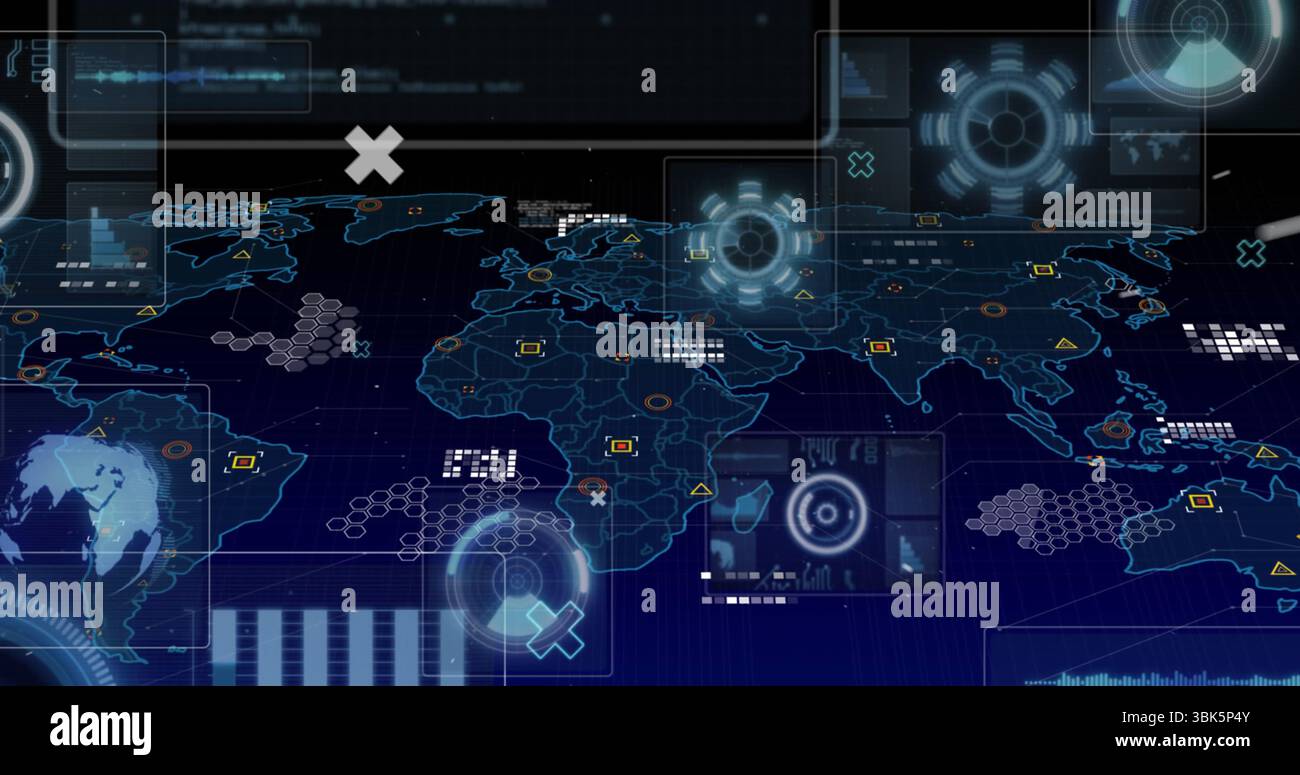 Displaying digital world map with hex grid overlays and HUD widgets in virtual command center ...