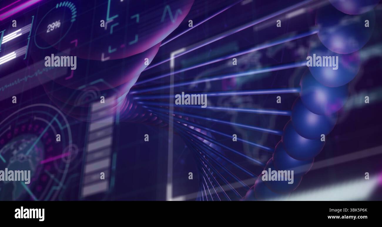 Twisting glowing DNA double helix floating in futuristic lab interface, with molecular nodes ...