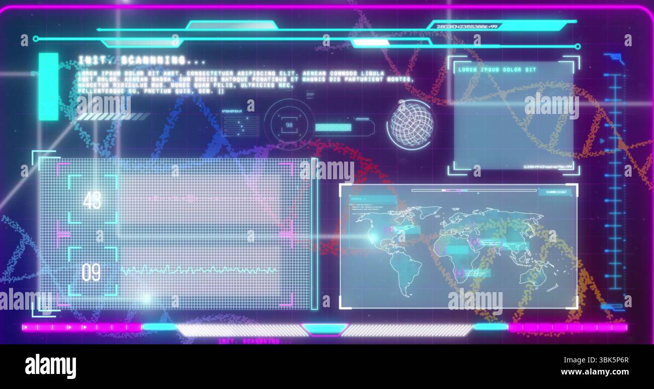 Displaying holographic UI with map numbers scanning globe placeholder DNA HUD frames over ...