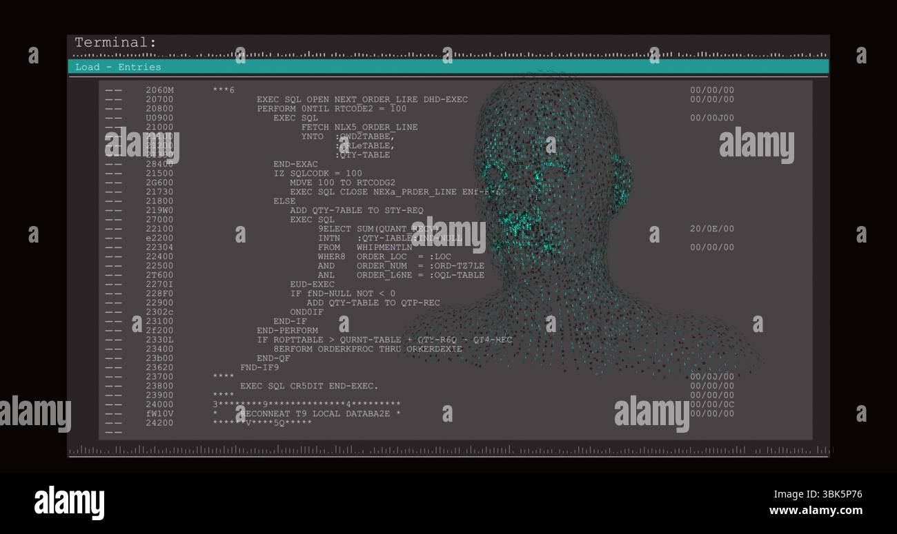 Terminal window displaying code in console, with teal header bar and glowing mesh head, copy ...