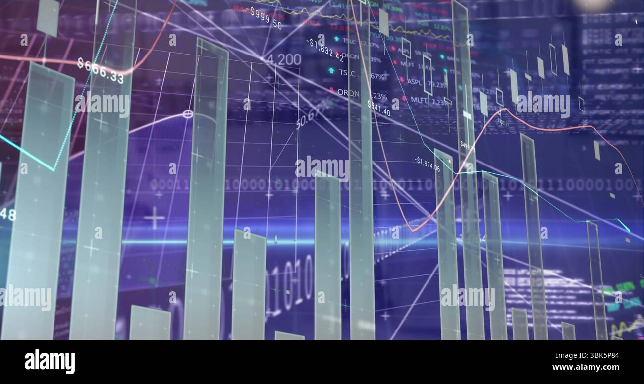 Showing 3D bar chart columns emerging on holographic grid, with line graphs and numeric labels ...