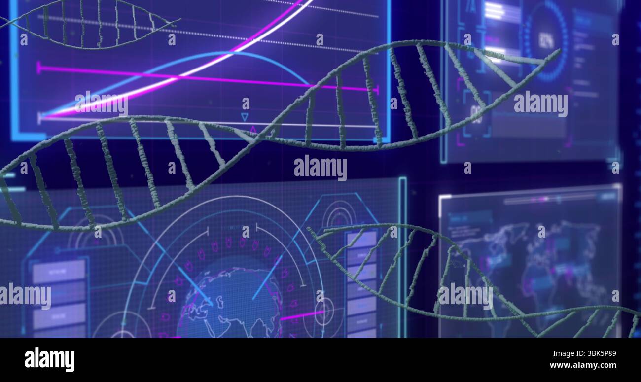 Floating 3D DNA double helix at virtual lab interface, showing HUD with ...