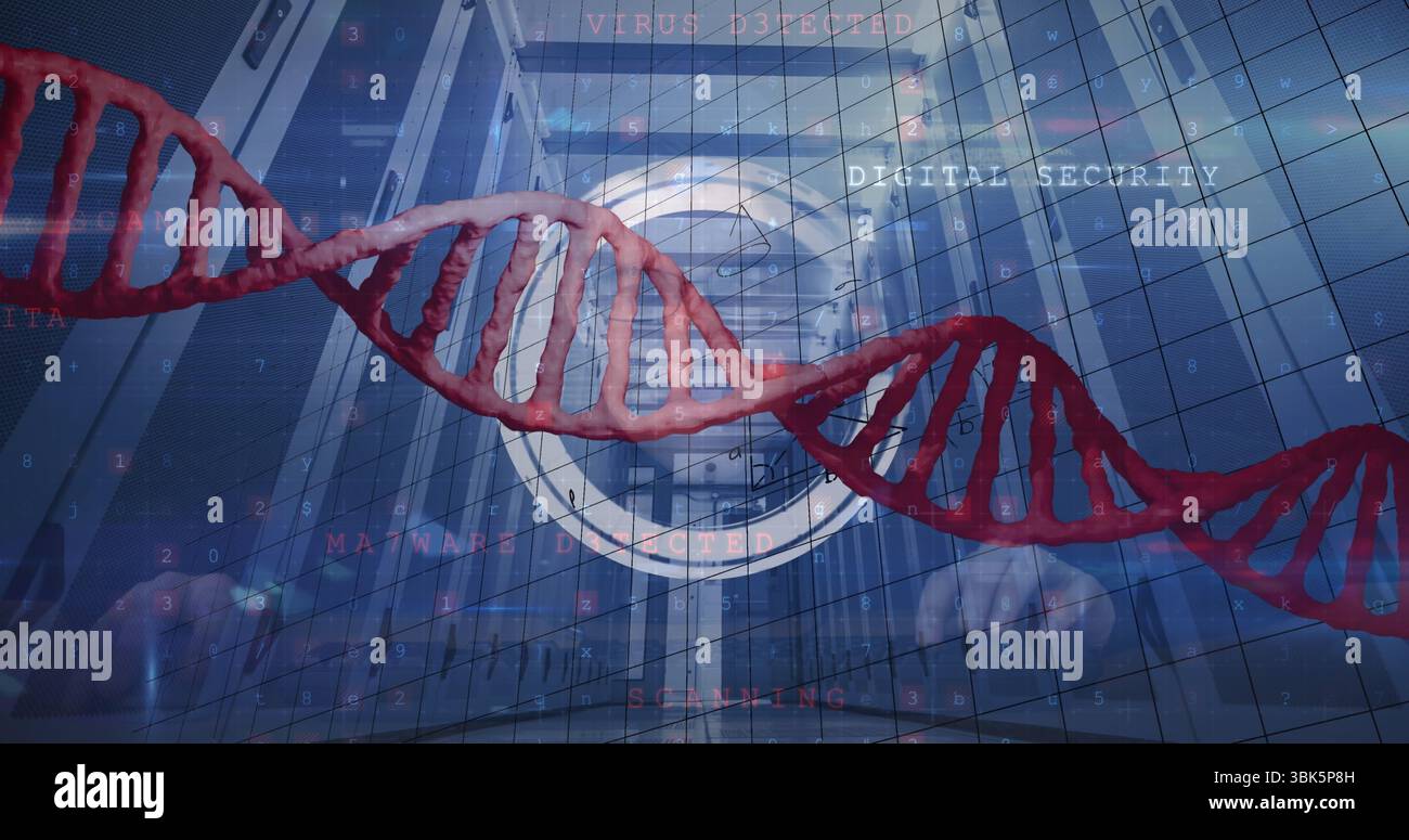 Projecting red DNA double helix floating above server racks at data ...