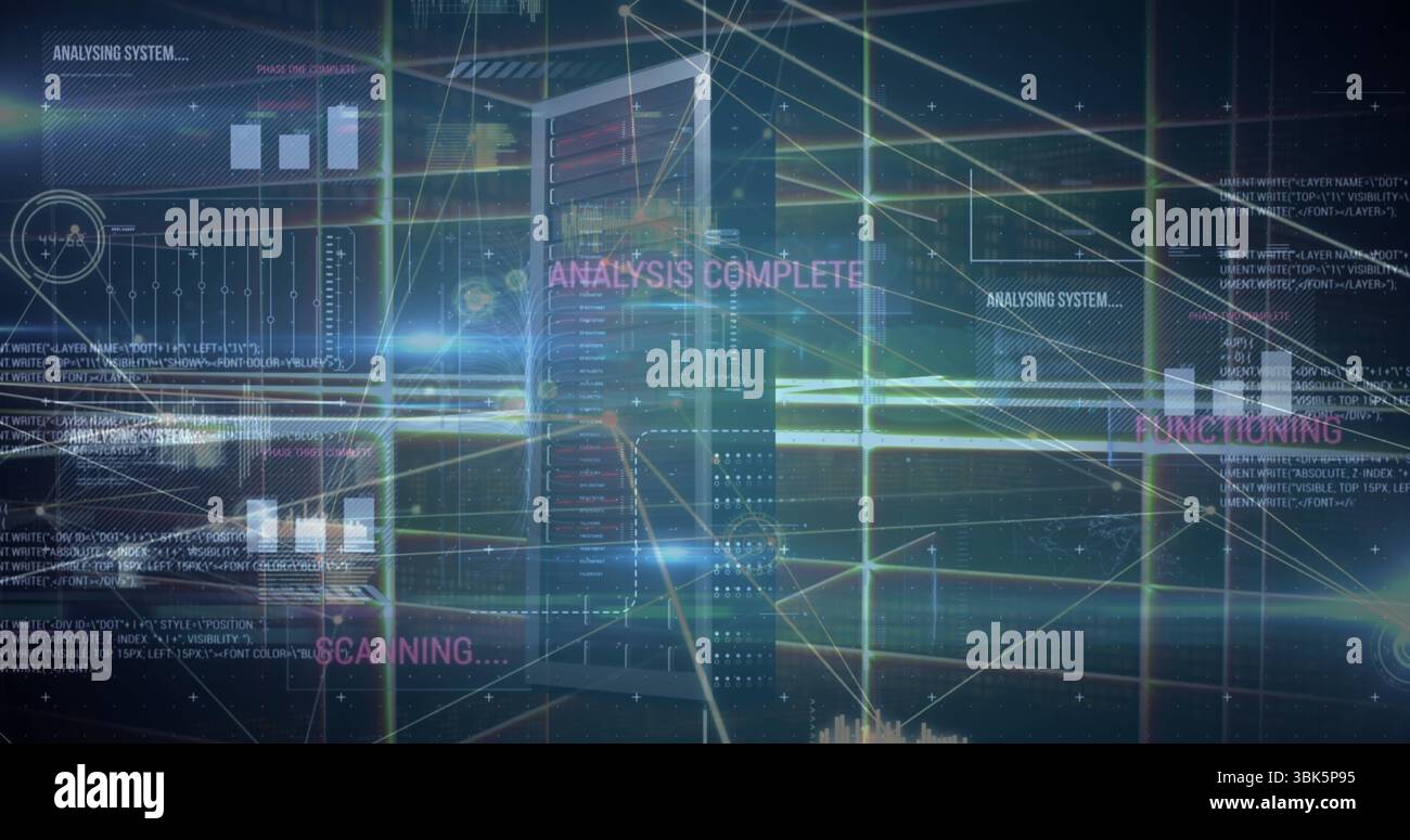 Streaming server rack showing bar charts, code and text labels in ...