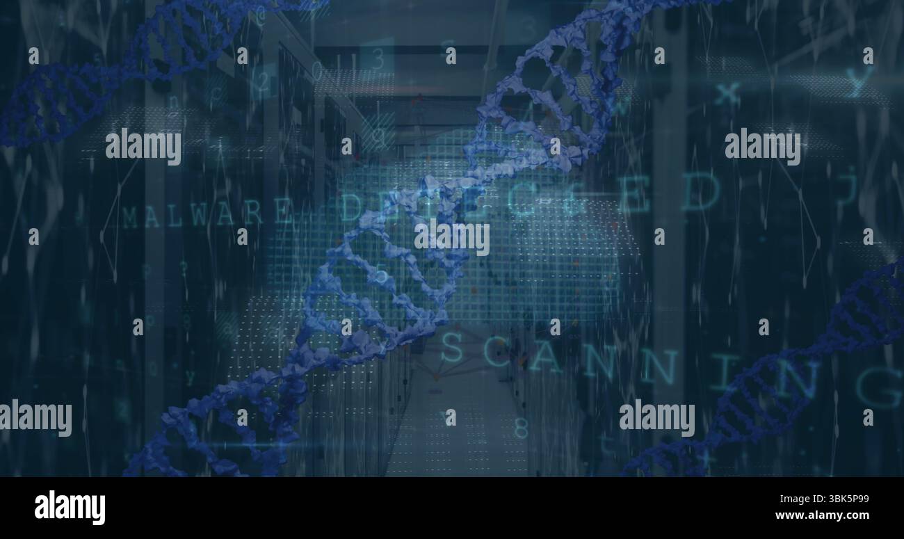 Spiraling double helix graphic weaving through data center corridor ...