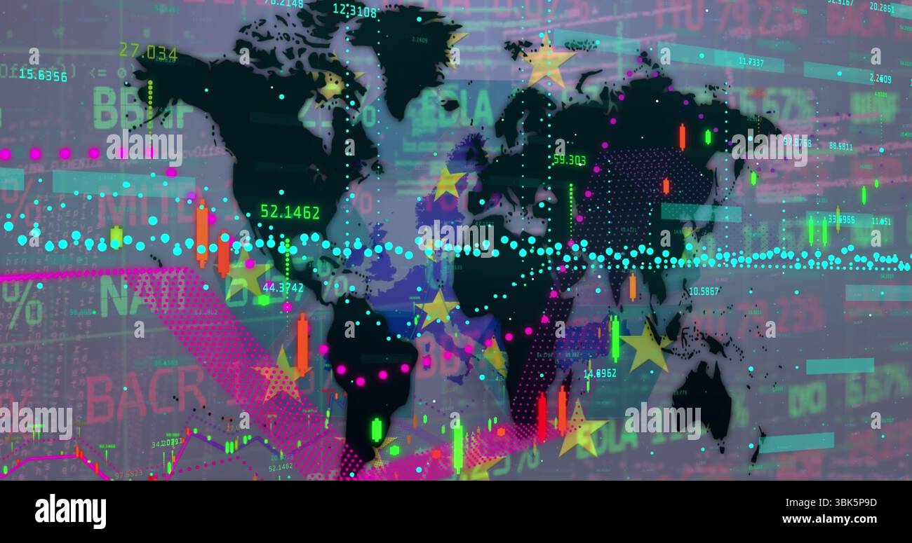 Displaying world map overlaid with colorful data points and bar charts, tickers, arrows on ...