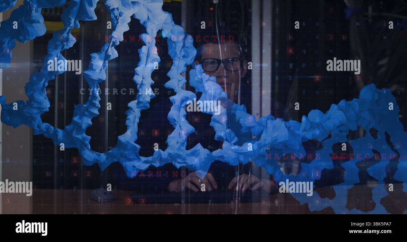 Analyzing man in dark sweater examining malware warning code at control ...