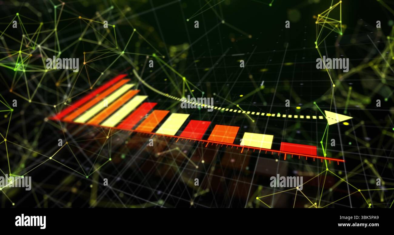 Displaying 3D bar chart showing gradient bars, curved arrow in data network with glowing grid ...