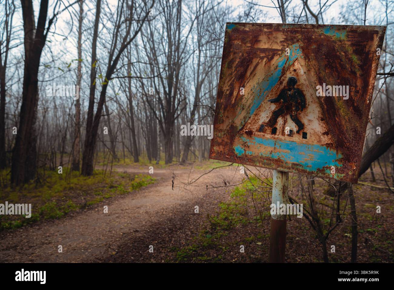 Damaged pedestrian sign at forestal road closeup photo Stock Photo - Alamy