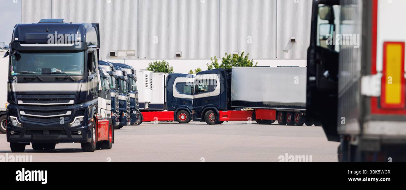 Modern blue cargo truck delivery van parked logistics warehouse center ...