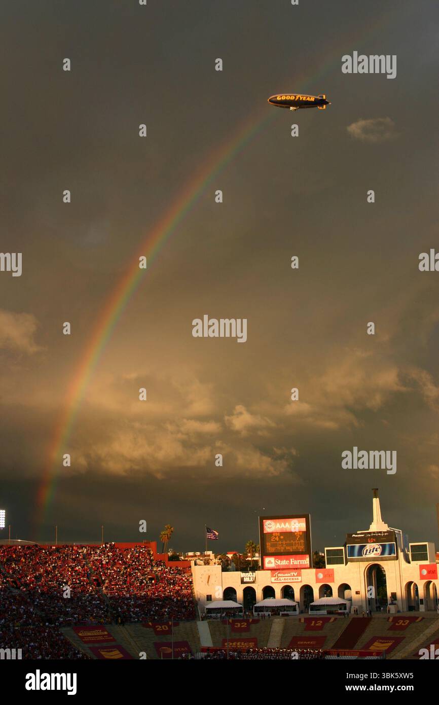 Goodyear Blimp floats over the L.A. Coliseum with a rainbow in the ...