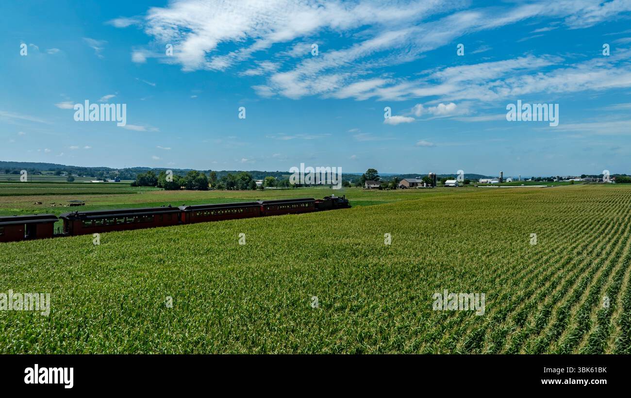 A steam train moves slowly along tracks bordered by vast fields of corn ...