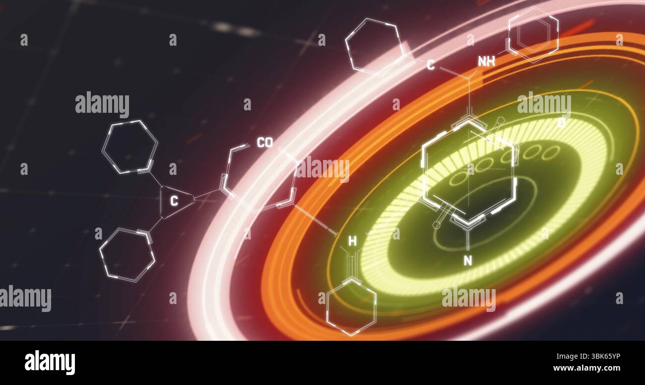 Displaying concentric rings rotating in simulation, showing hexagonal diagrams and chemical ...