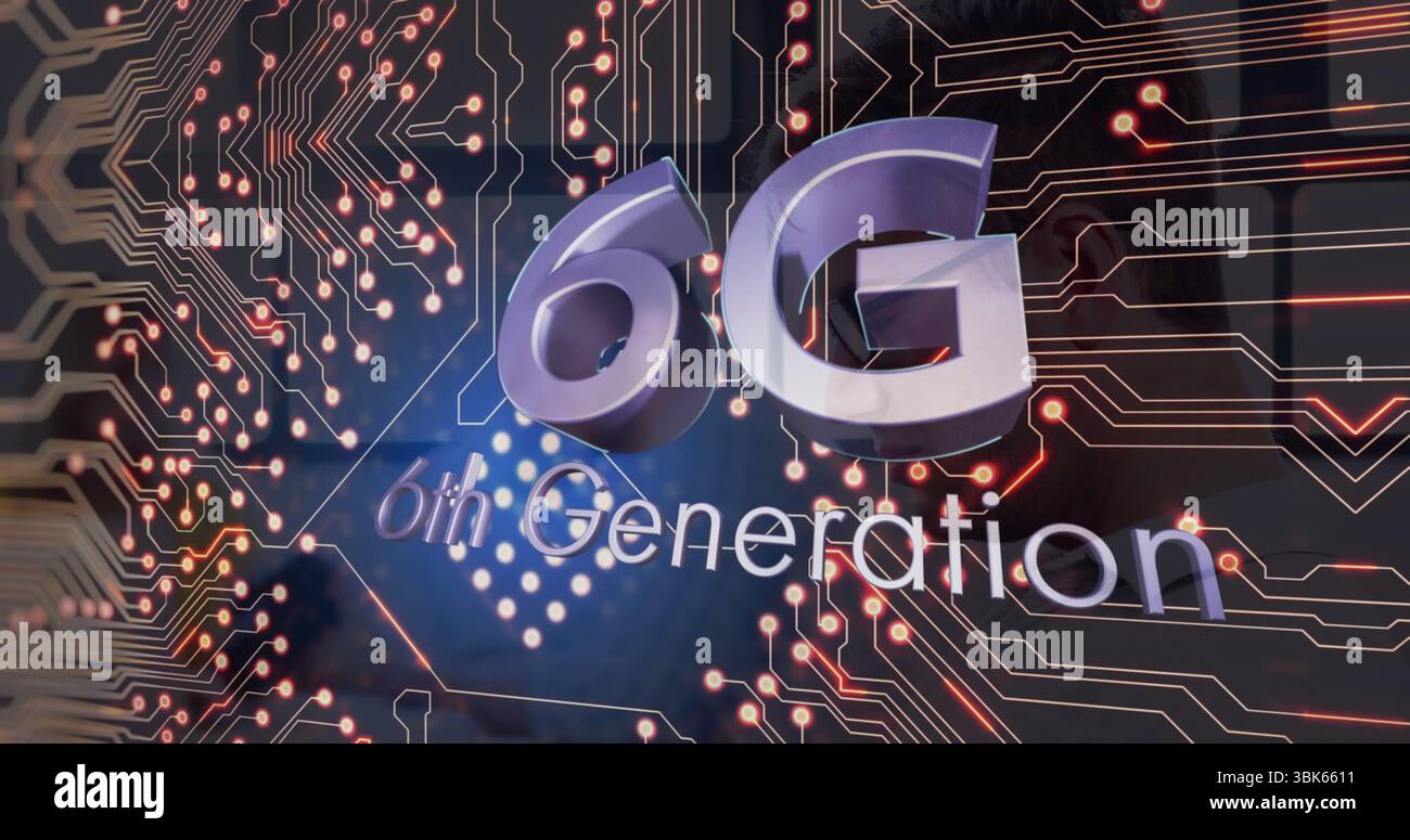 Floating 3D 6G–6th Gen letters hovering in circuit board, with glowing ...