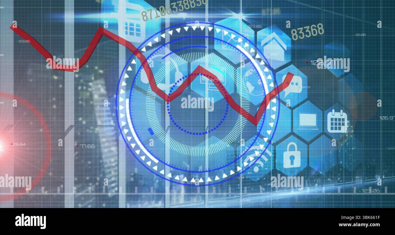 Displaying central blue HUD over nighttime skyline, showing red line graph and hex icons for ...