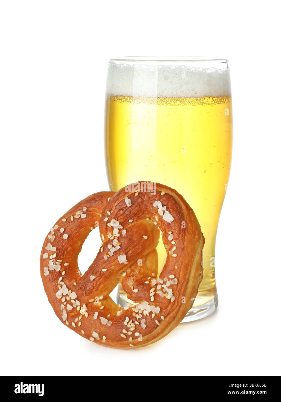 Tasty pretzel and glass of beer isolated on white Stock Photo - Alamy