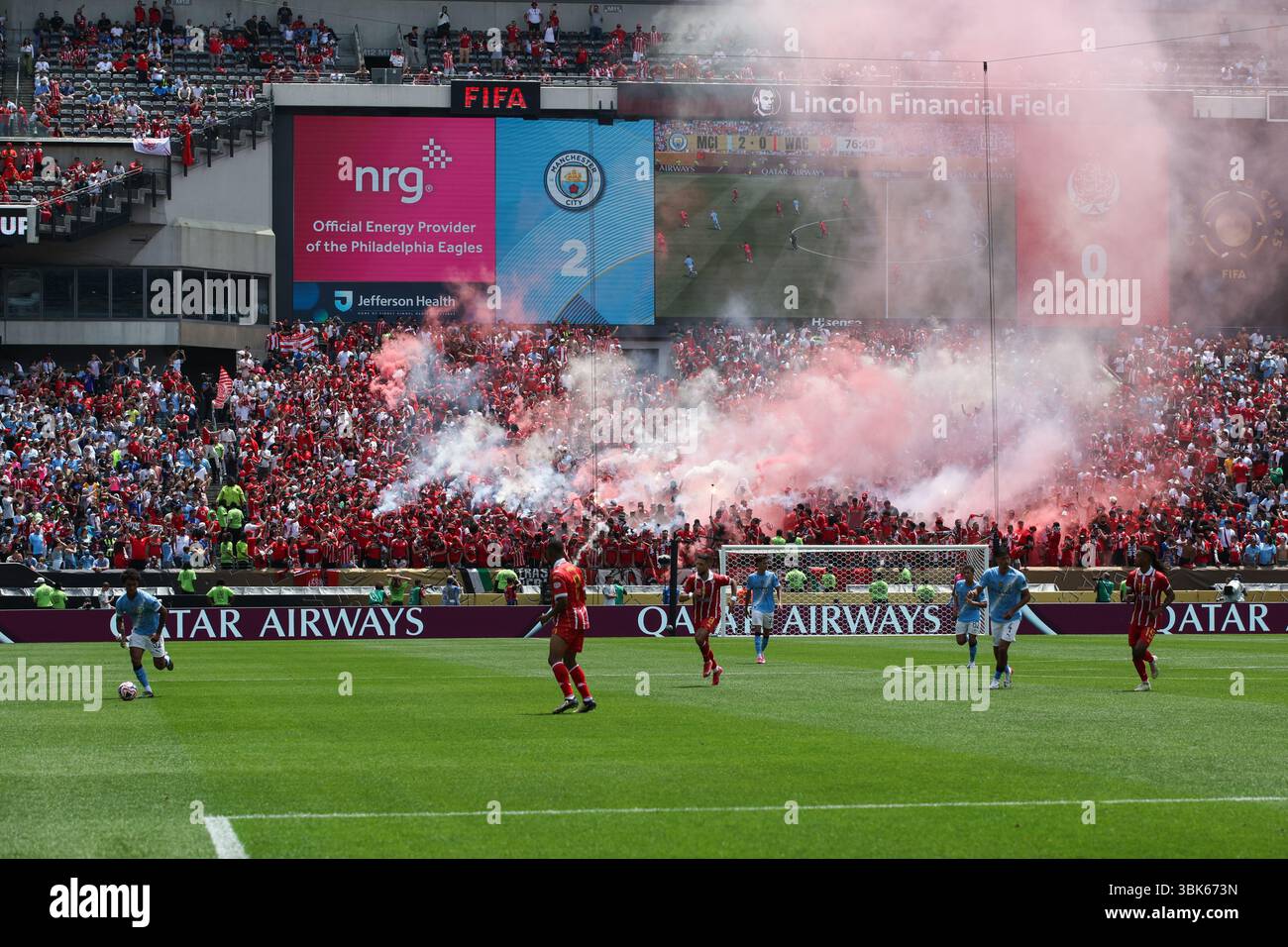PHILADELPHIA, USA - 18th June 2025: Wydad AC fans light flares during ...