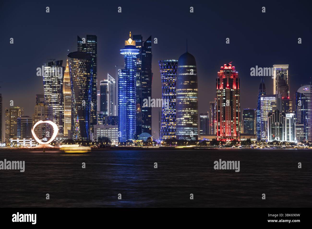Skyline, skyscrapers, evening light, sunset, Doha, Qatar, Orient ...