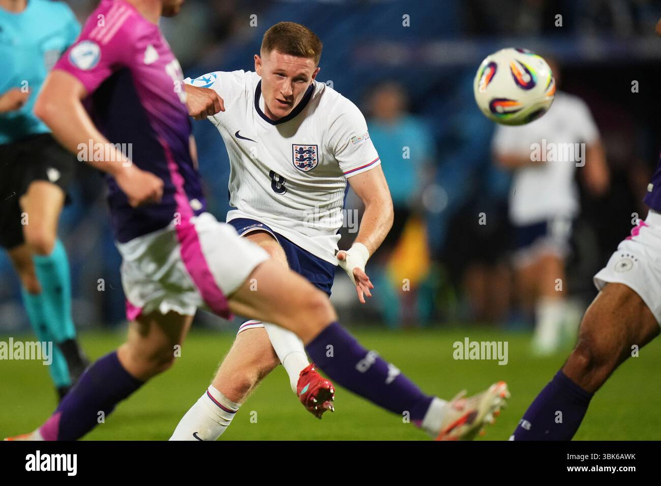 England's Elliot Anderson, center, kicks the ball during the group B European U-20 Championship ...