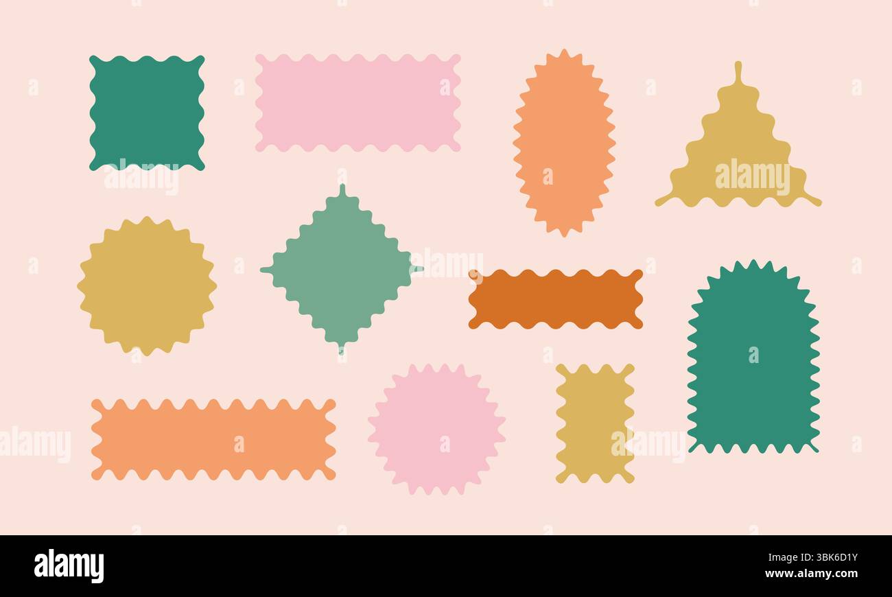 Wavy, zigzag borders groovy scallop geometric shapes, figures. Color ...