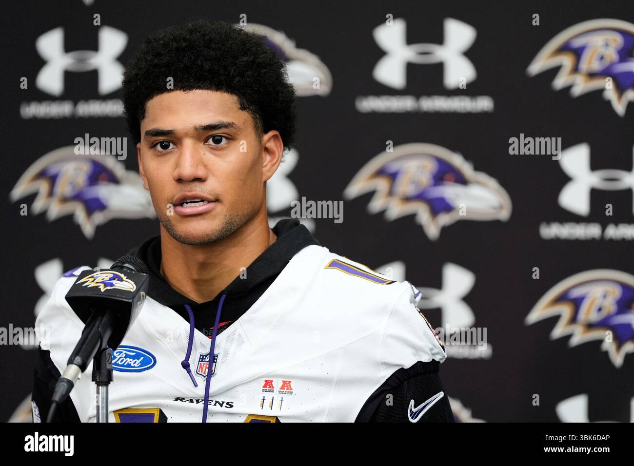 Baltimore Ravens safety Kyle Hamilton speaks to media after an NFL ...
