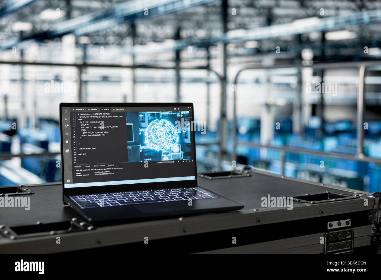 Close up of AI code running on laptop managing server room rigs machines powering networks ...