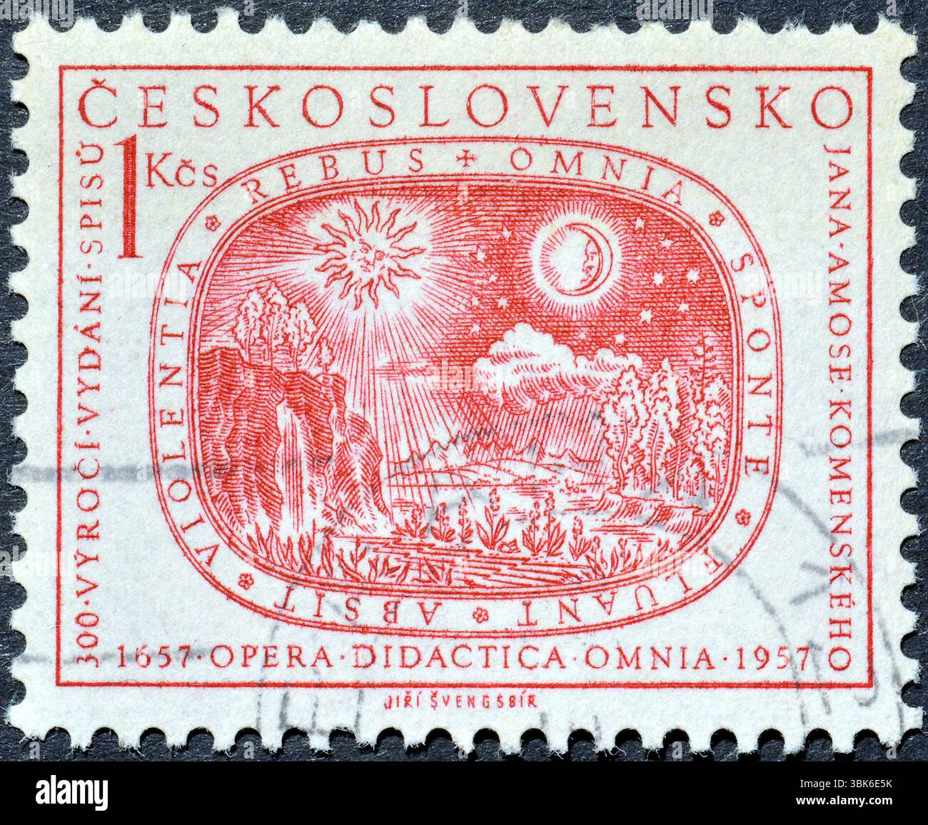 Cancelled postage stamp printed by Czechoslovakia, that shows Sun, moon ...