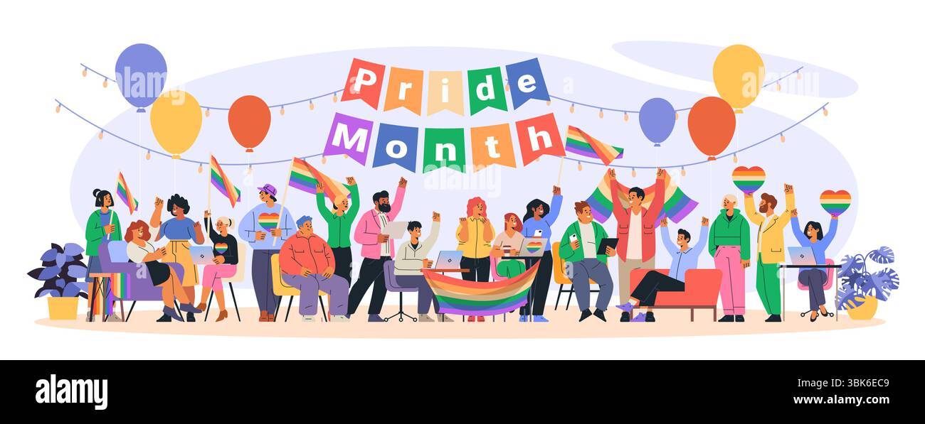Pride month celebration diverse people rainbow flags balloons festive ...