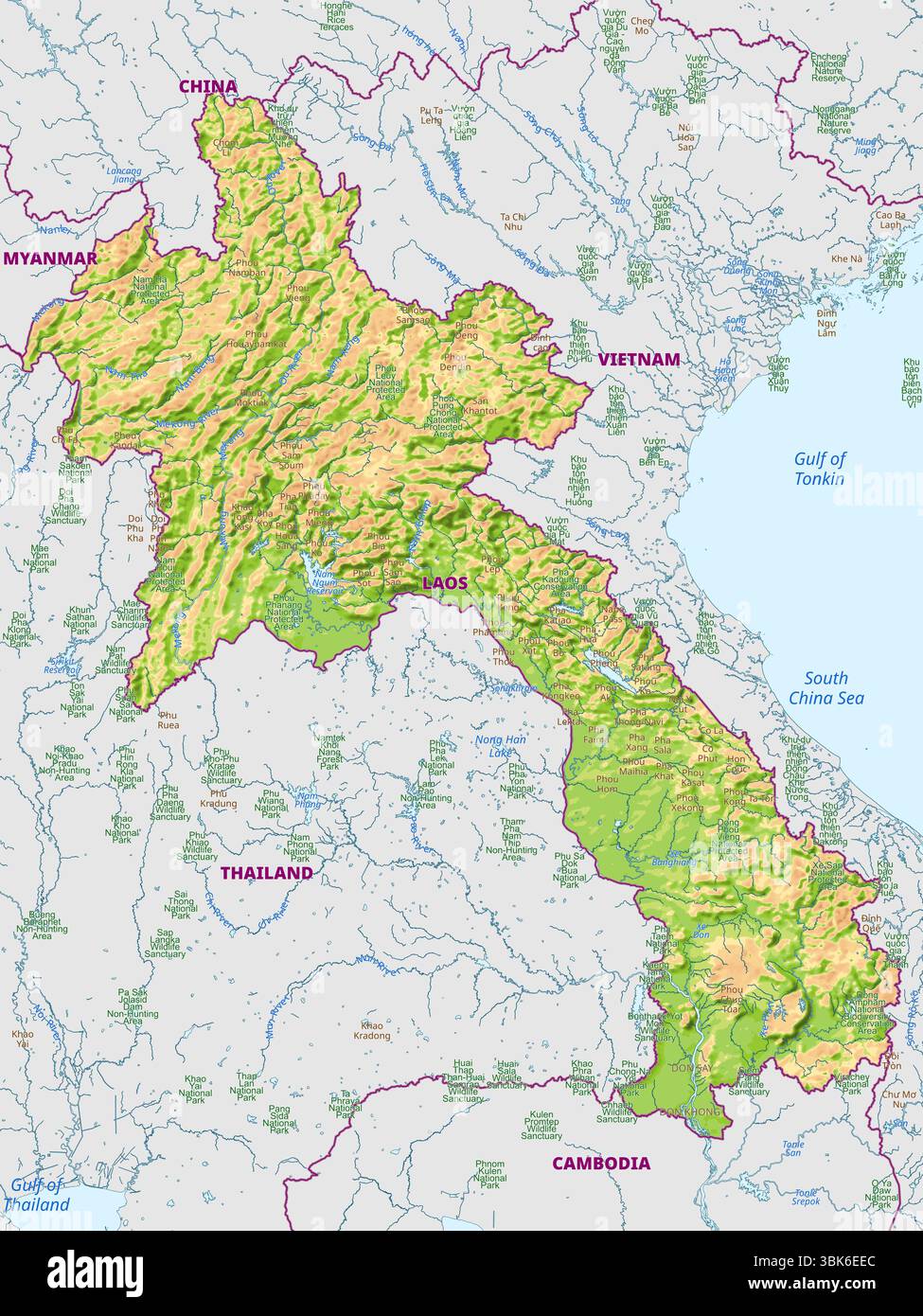 Detailed physical map of Laos Stock Vector Image & Art - Alamy