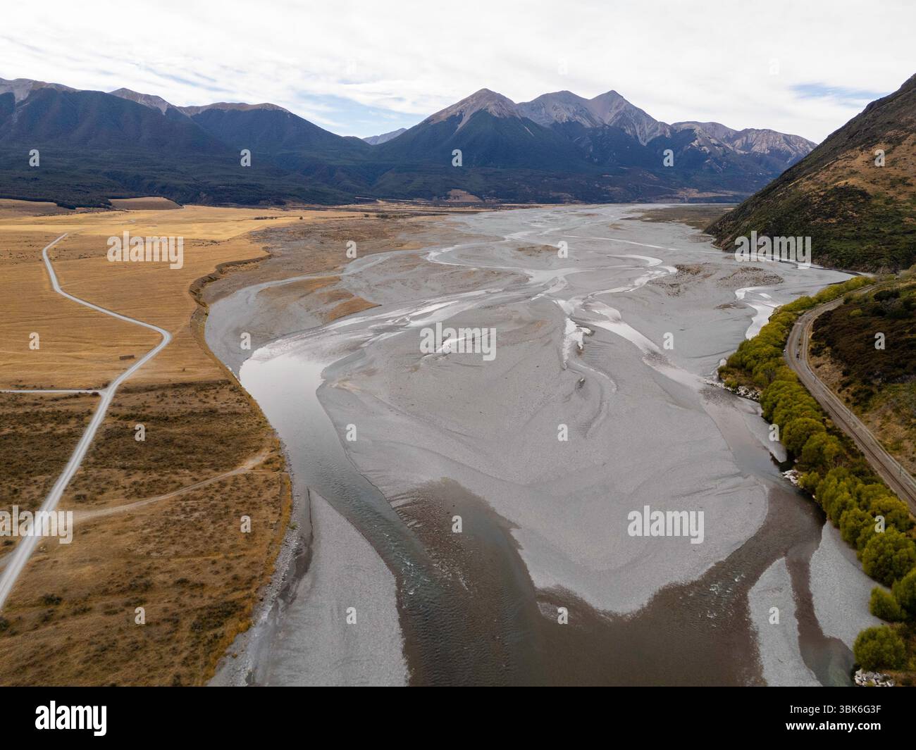 Aerial photograph of the Waimakariri River Valley in the central South ...