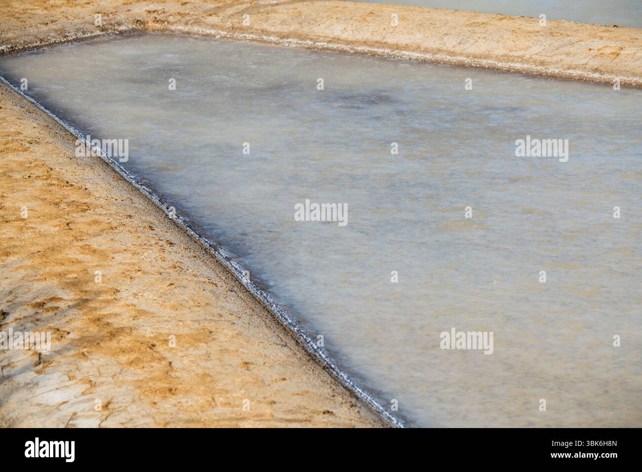 A detailed look at a single salt pan filled with seawater in the early ...