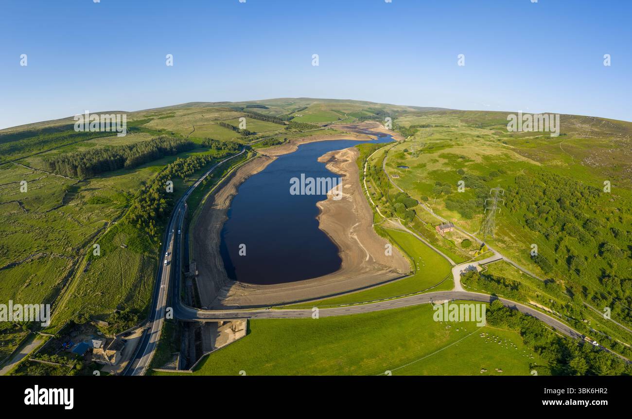 Aerial view of a dramatically low Woodhead Reservoir during drought ...